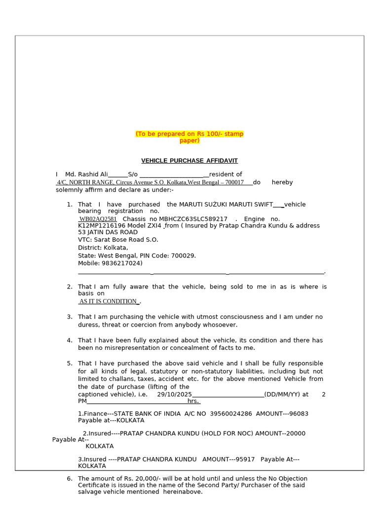 Annexure Vi - Buyer Affidavit - HDFC - With RC | PDF