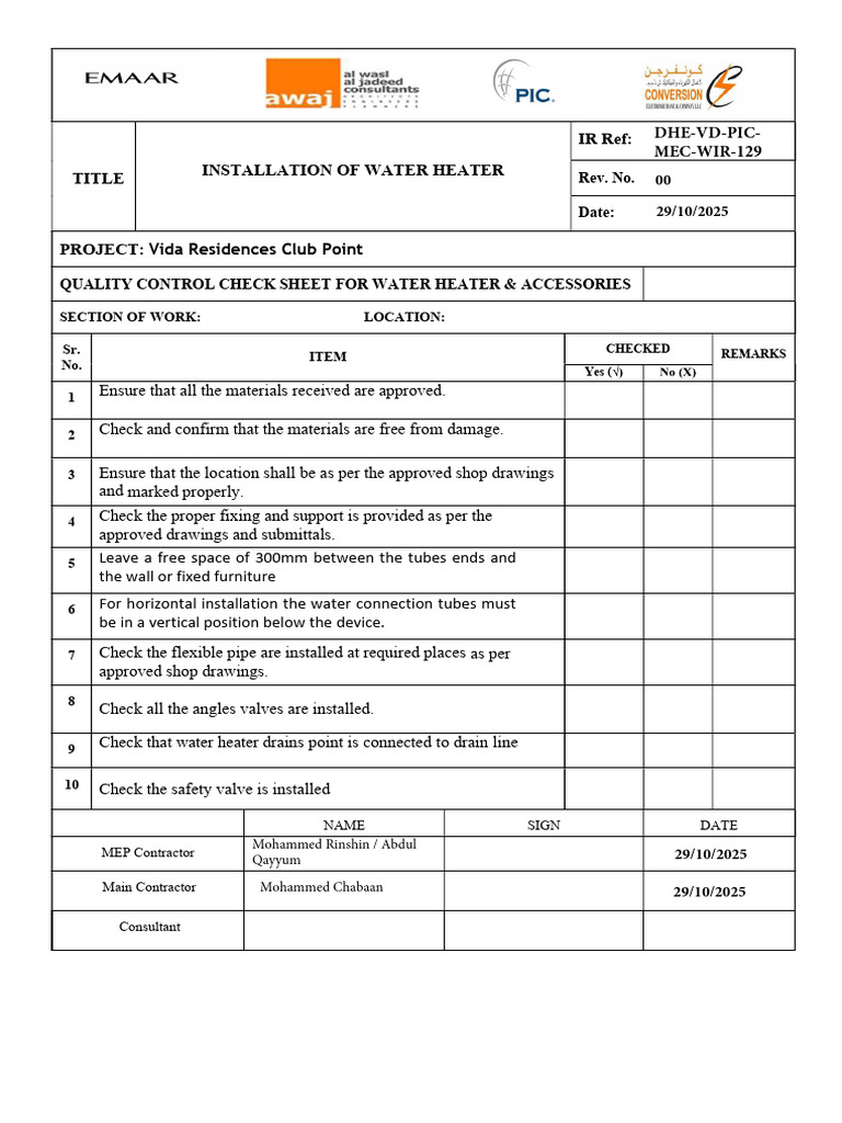Water Heater Installation Checklist | PDF