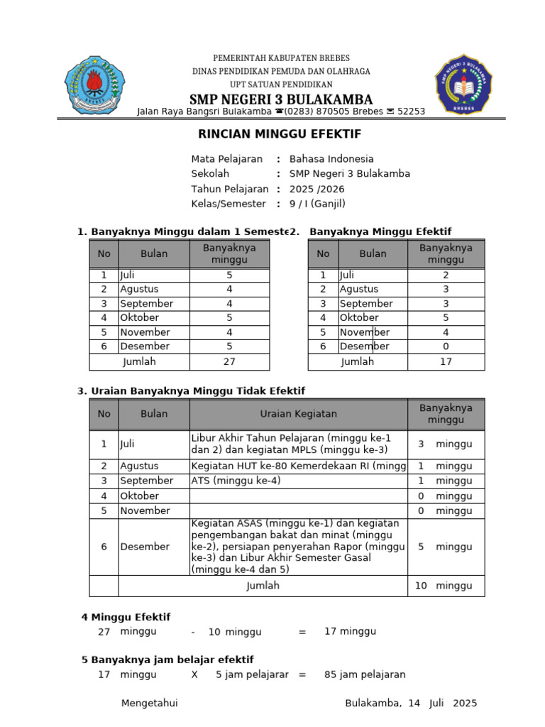 Rincian Minggu Efektif SMP 3 Bulakamba | PDF