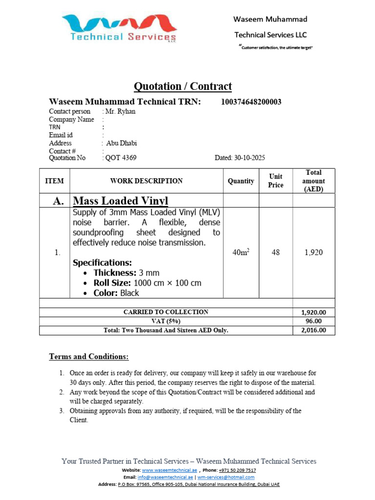 Quotation for Mass Loaded Vinyl Services | PDF