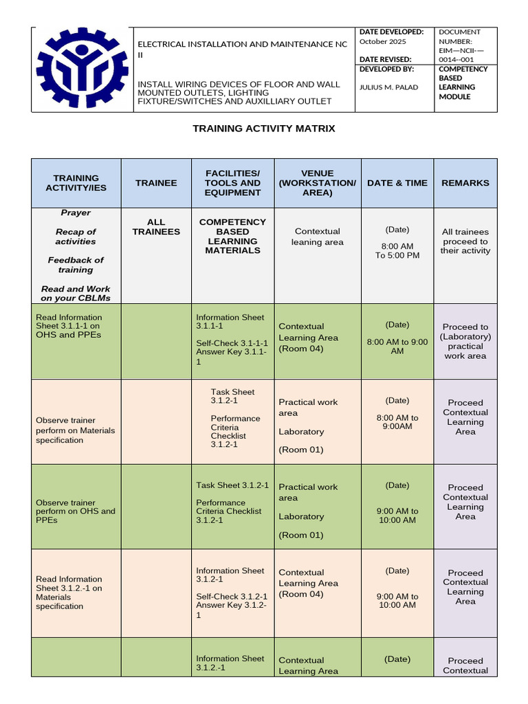 Training Matrix EIM NCII | PDF | Electrical Wiring | Laptop