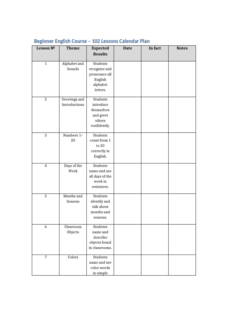 Beginner English Course Calendar Plan | PDF | English Language | Verb