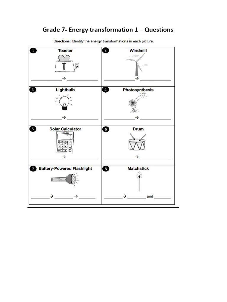 Grade 7 - Energy Transformation 1 - Questions | PDF