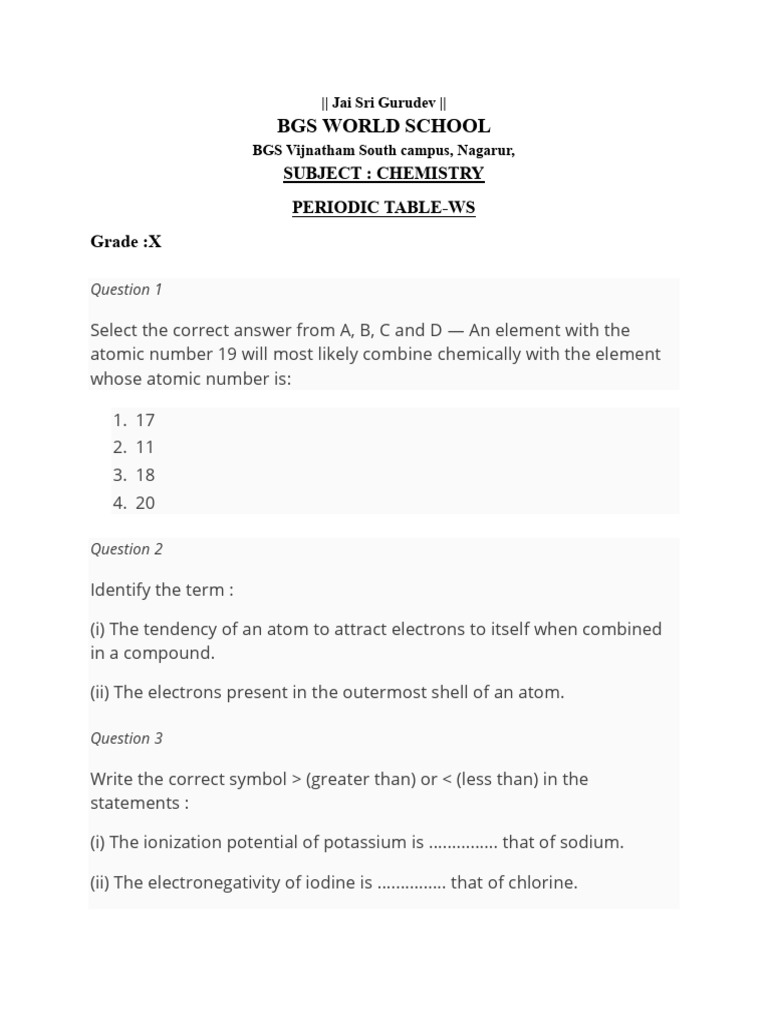 Chemistry Worksheet: Periodic Table Quiz | PDF