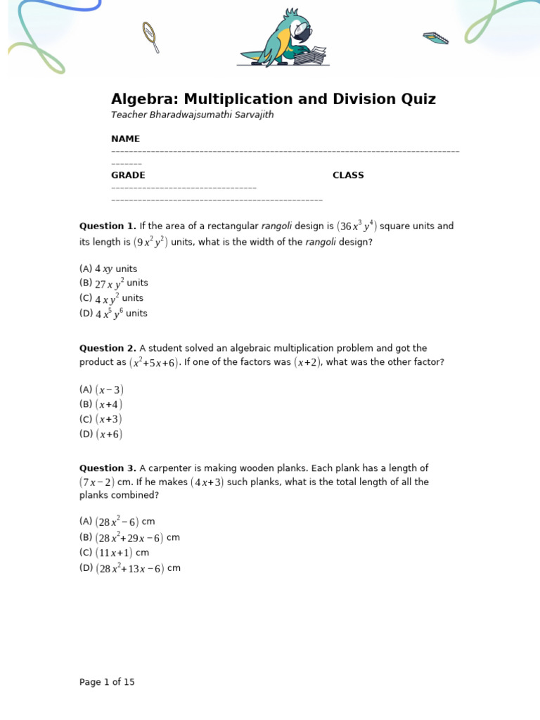 Algebra Multiplication & Division Quiz | PDF | Factorization | Division ...