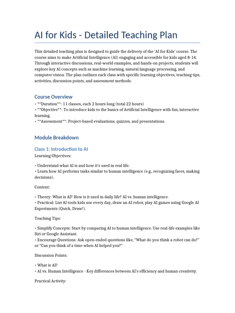 AI Teaching Plan for Kids Ages 8-14 | PDF | Artificial Intelligence ...