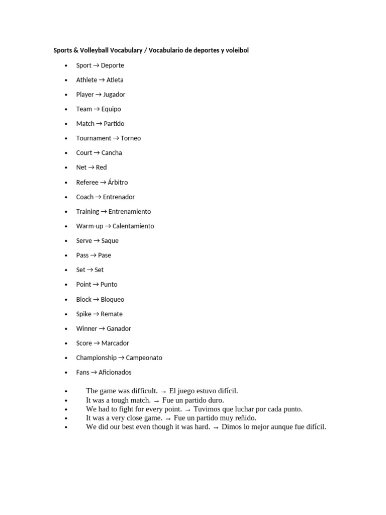 Vocabulario de Voleibol y Deportes | PDF