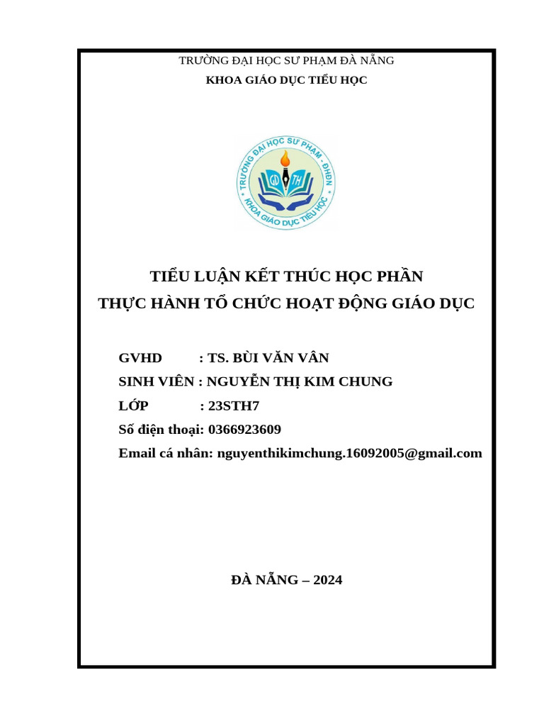 BÀI LUẬN KẾT THÚC HP THỰC HÀNH TỔ CHỨC HDGD | PDF