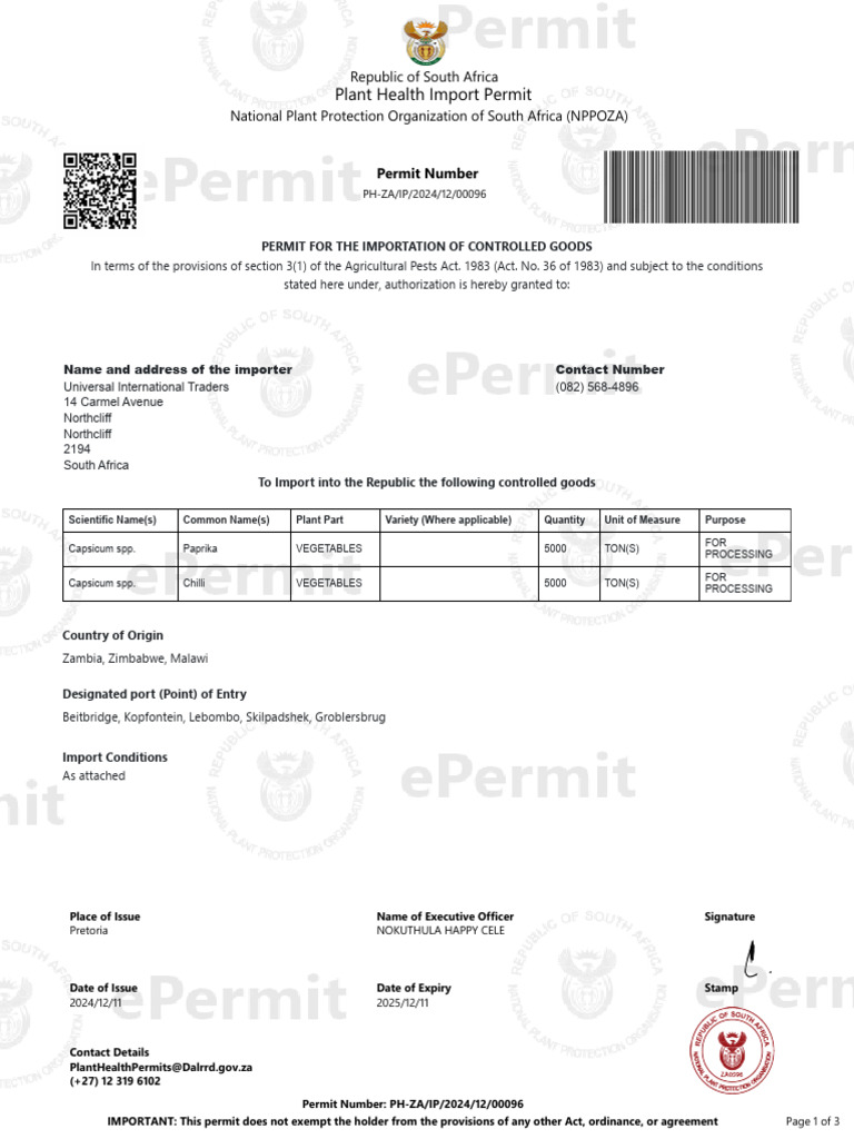 Plant Health Import Permit: Republic of South Africa National Plant ...