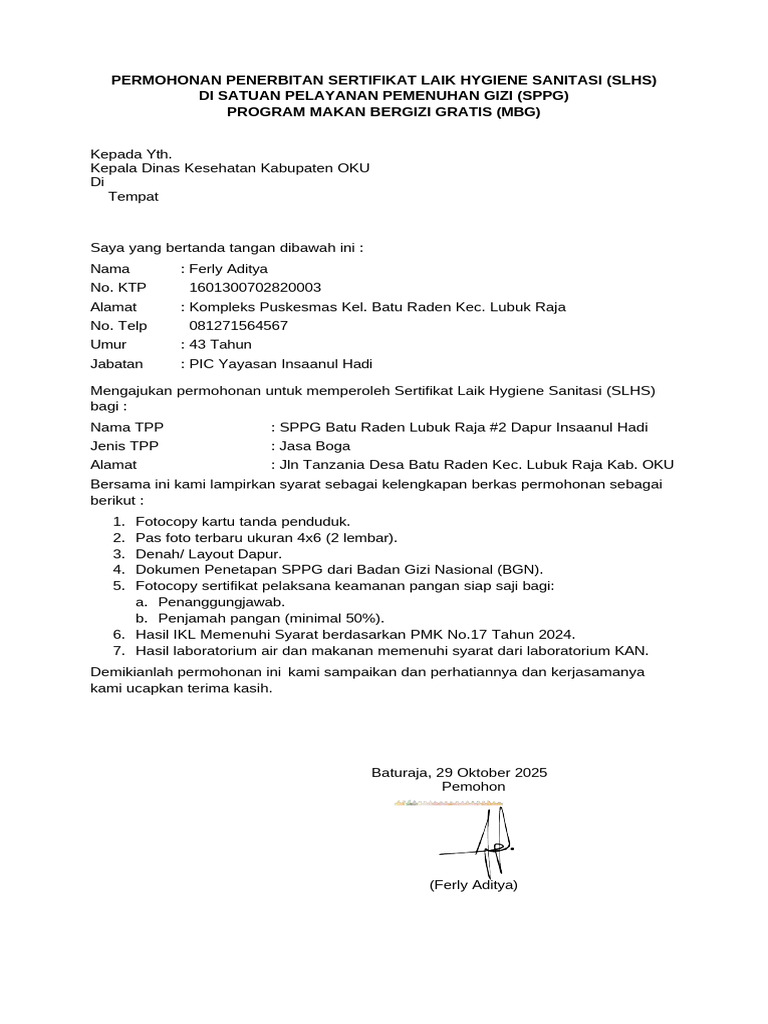 Permohonan SLHS untuk SPPG Batu Raden | PDF
