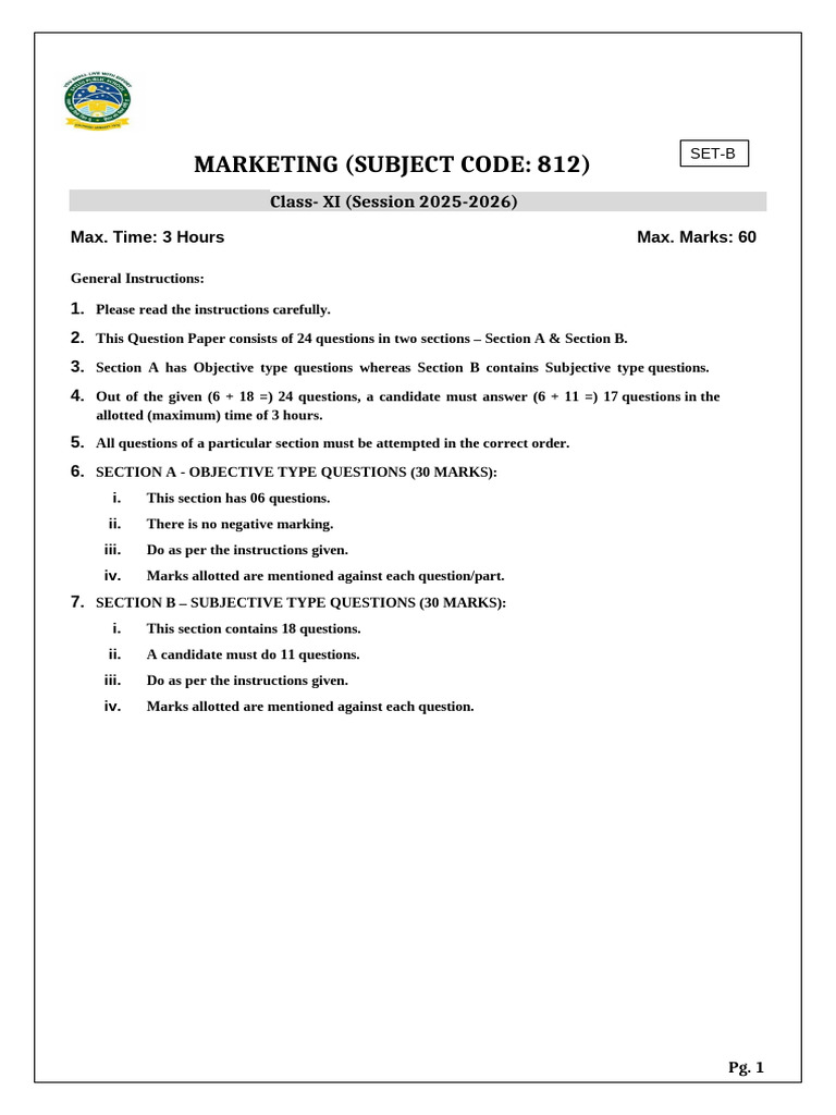 Class XI Marketing Exam Paper 2025-2026 | PDF | Marketing | Market ...