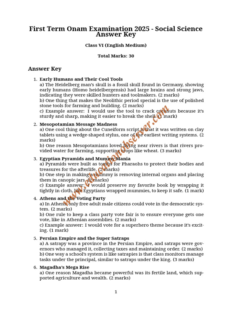 Class VI Onam Exam 2025: Social Science Key | PDF | Mummy