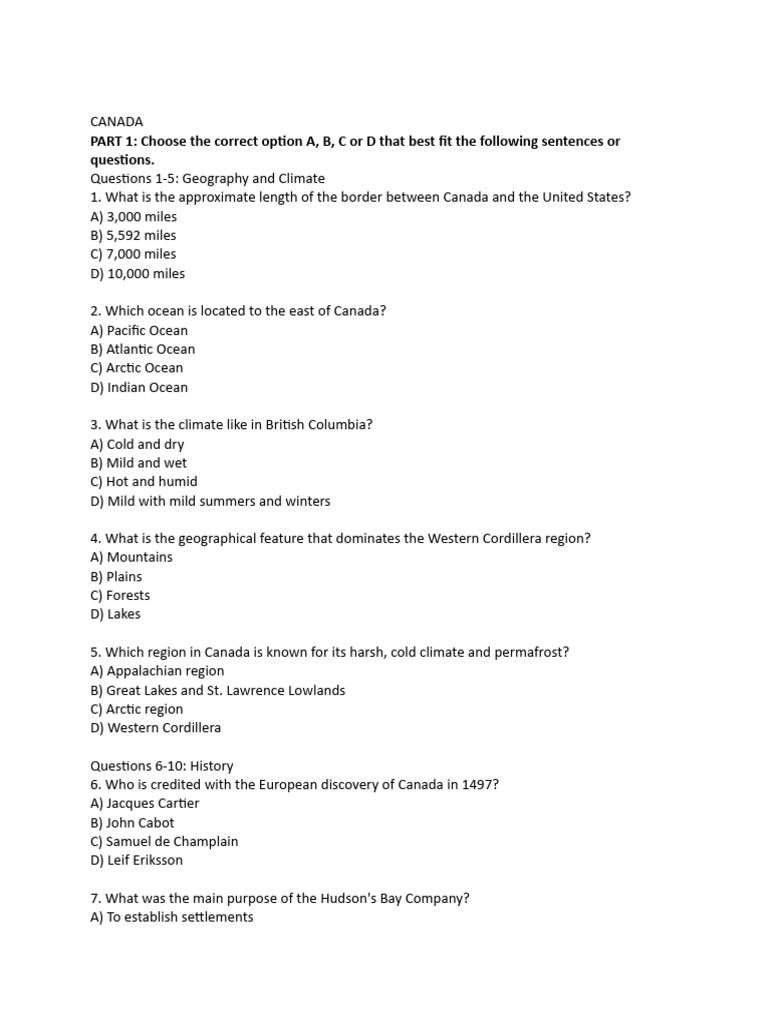 Canada Geography, History, and Politics Quiz | PDF | Canada | North ...