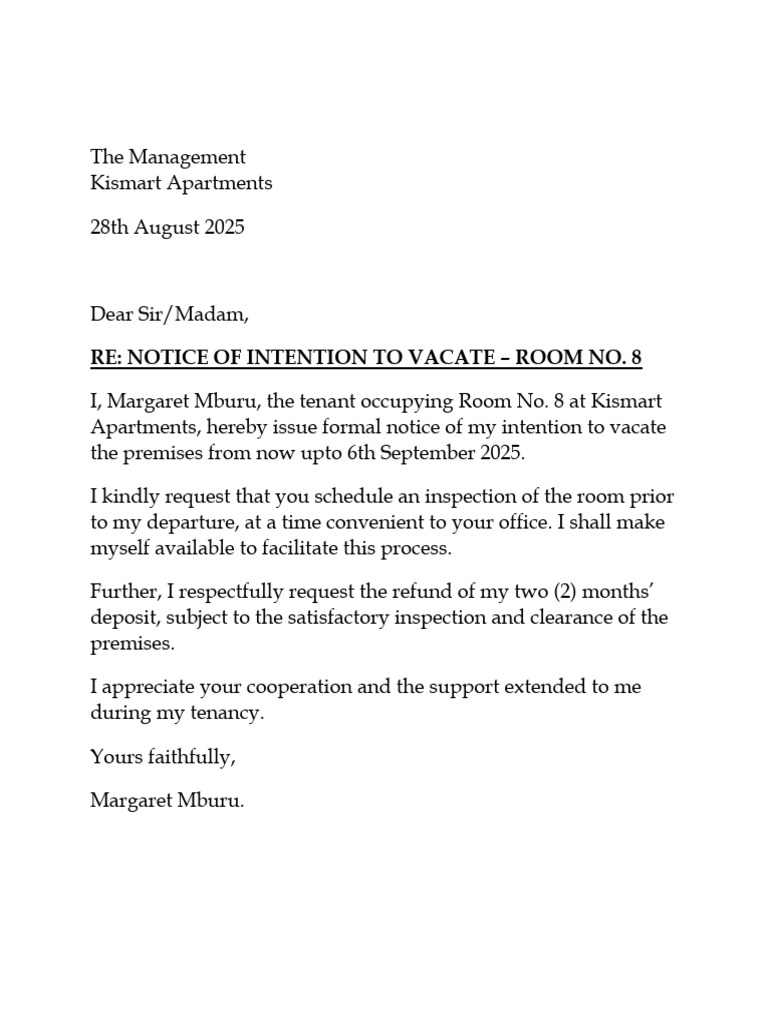 Notice of Intent to Vacate Room 8 | PDF