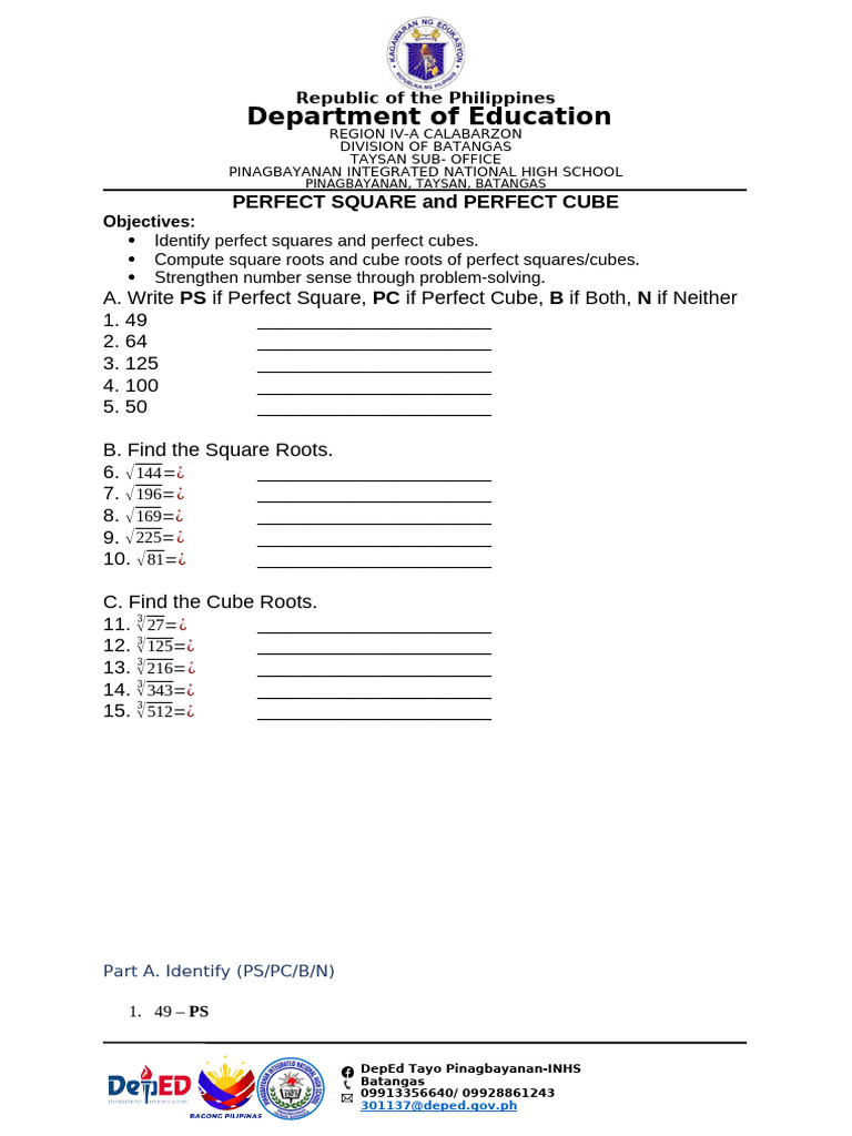 Department of Education: Perfect Square and Perfect Cube | PDF | Square ...