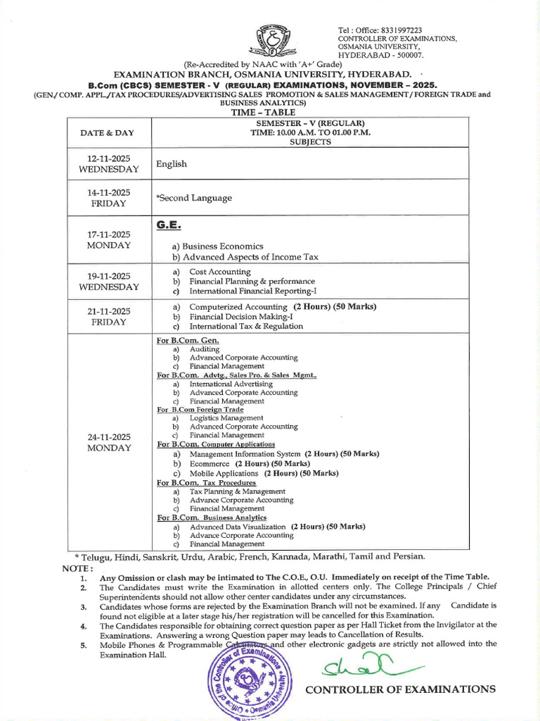 Bcom Time Table | PDF