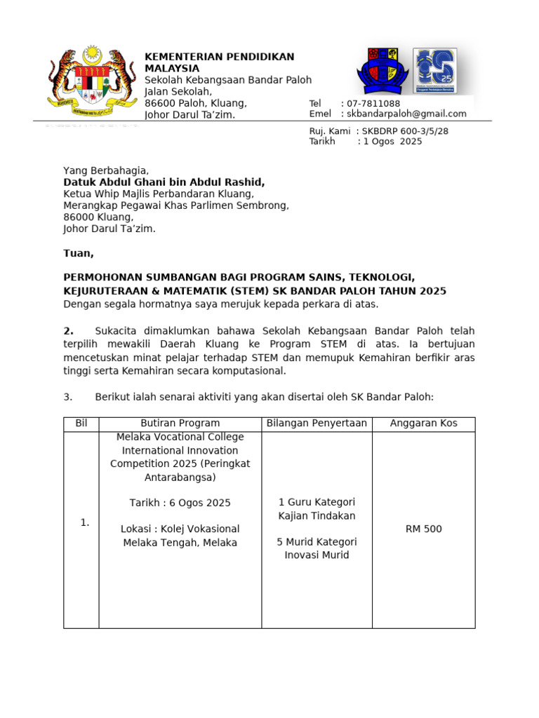Surat Memohon Sumbangn Stem 2025 | PDF