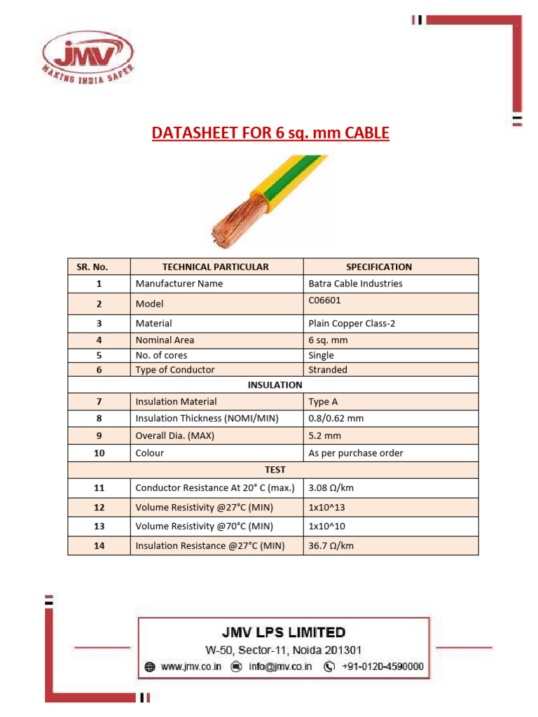 Datasheet For 6sq MM Cable | PDF