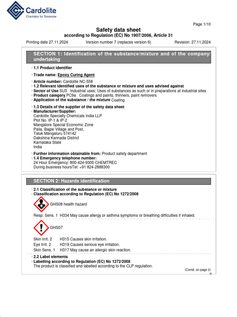 Cardolite NC-558 Safety Data Sheet | PDF | Allergy | Dangerous Goods