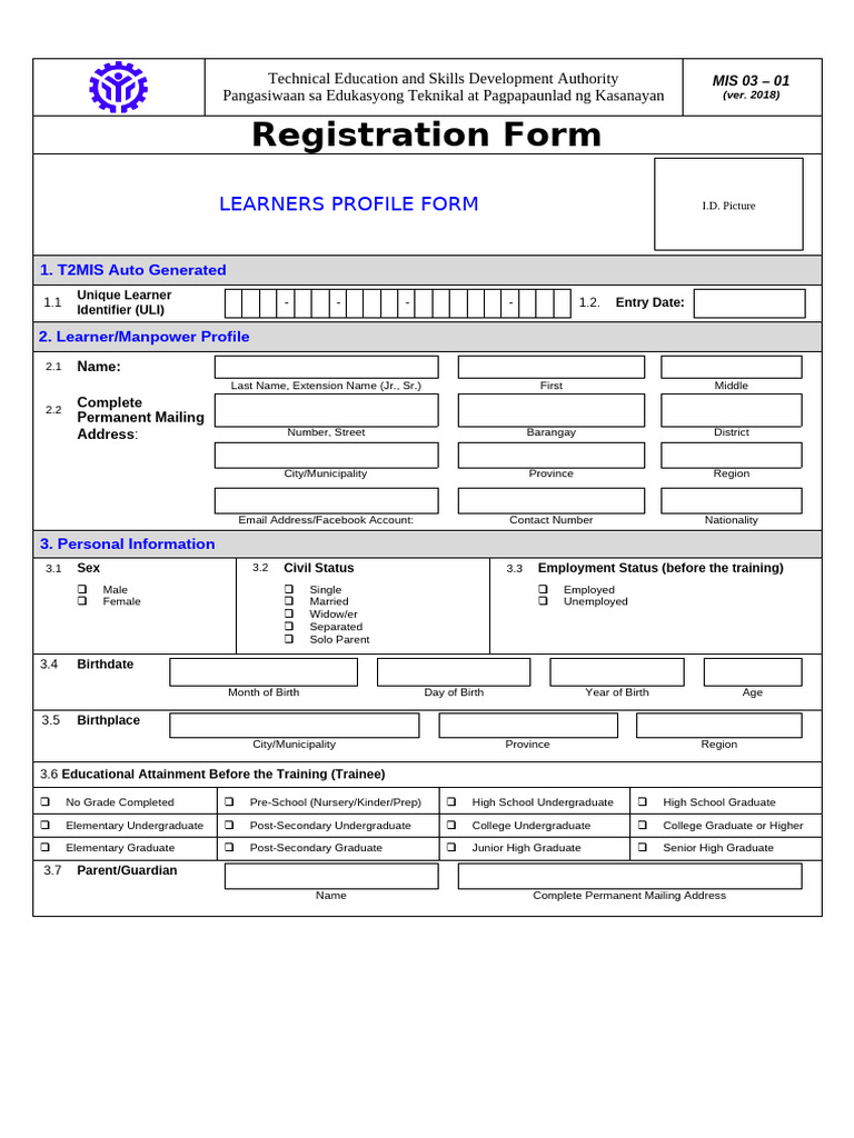Registration Form MIS 03-01 (Machining NC II) | PDF | Disability