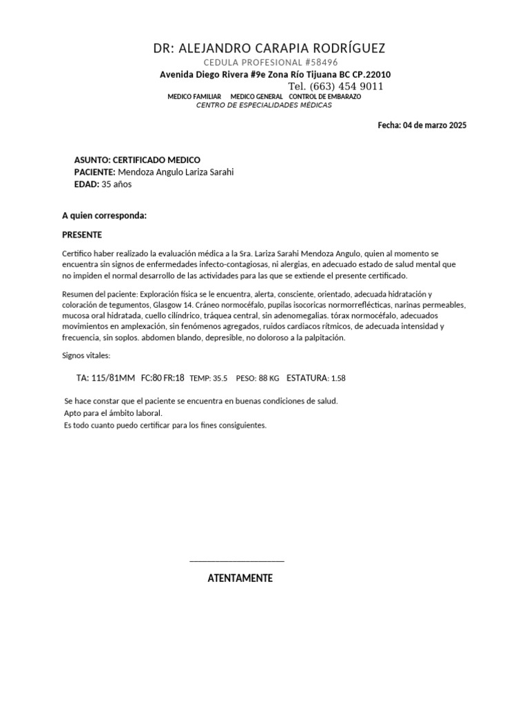 Cctificado Medico | PDF