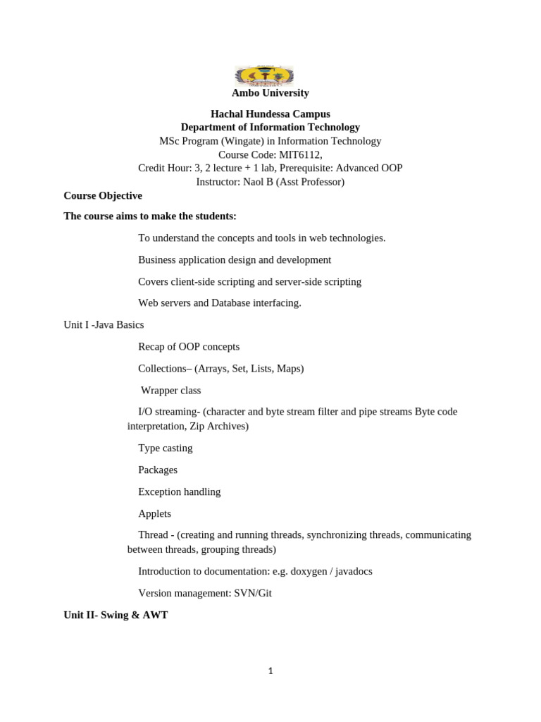 Advanced Programming Course Outline | PDF | Java (Programming Language) | Model–View–Controller