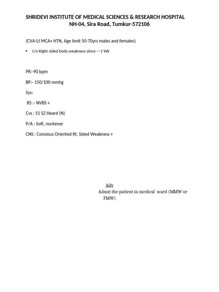 Case Sheet Format (CVA+MCA+HTN-50-70trs Male & Female) | PDF | Medicine ...