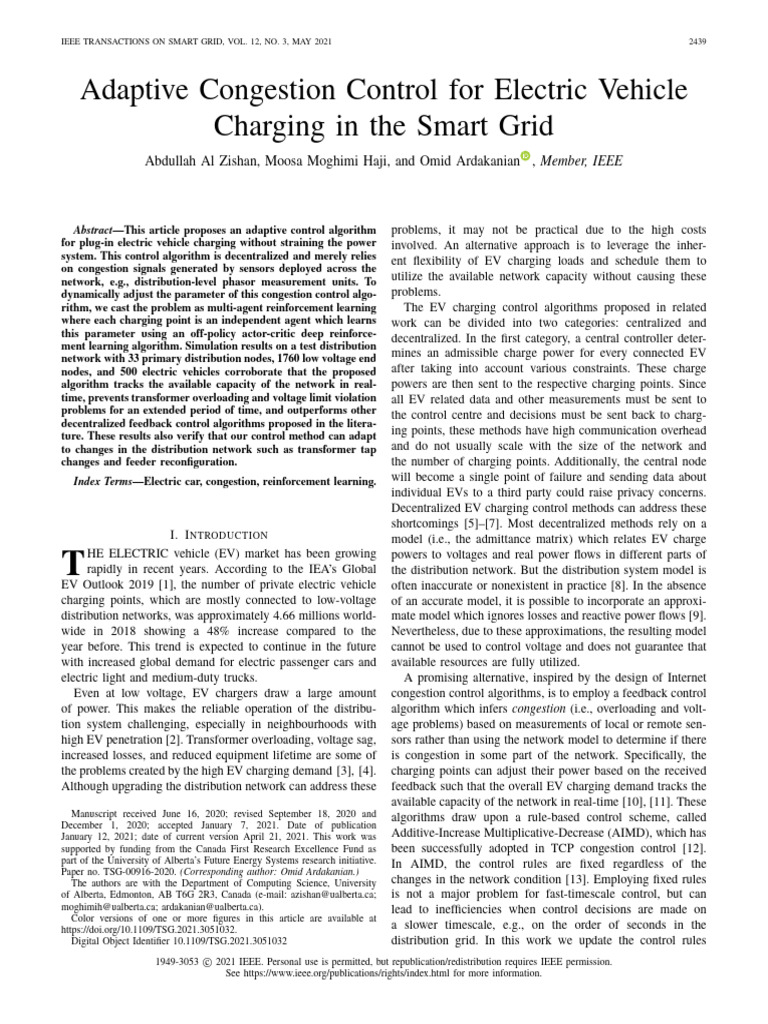 Adaptive Congestion Control For Electric Vehicle Charging in The Smart ...