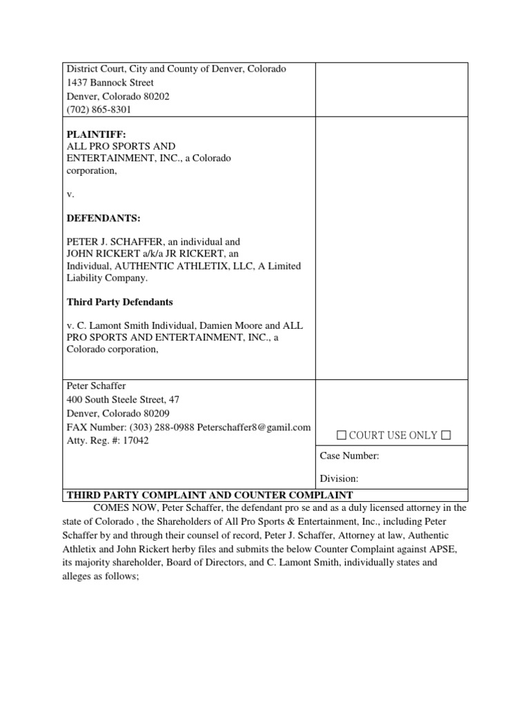 Schaffer Third Party Complaint and Counter Complaint | PDF | Breach Of ...