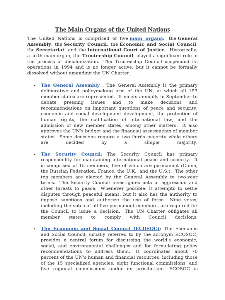Main Organs of the United Nations | PDF | United Nations ...