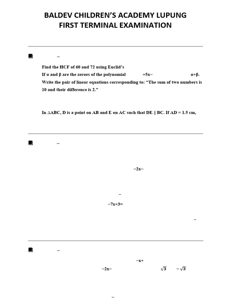 Class 10 Math Exam Paper - Baldev Academy | PDF | Quadratic Equation ...