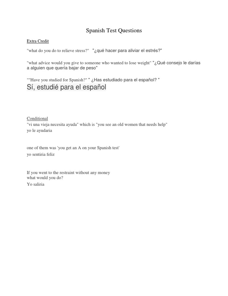 Spanish Test Questions and Answers | PDF | Self-Improvement
