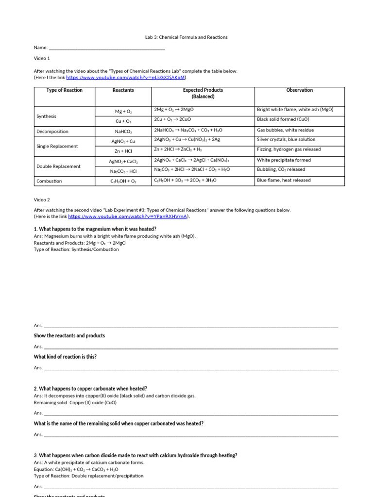 Lab 3 Chemical Formula and Reactions Completed | PDF | Chemical ...