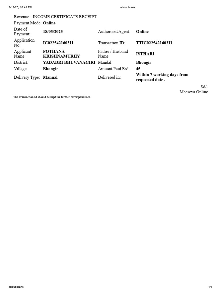 Income Certificate Receipt - Pothana K. | PDF