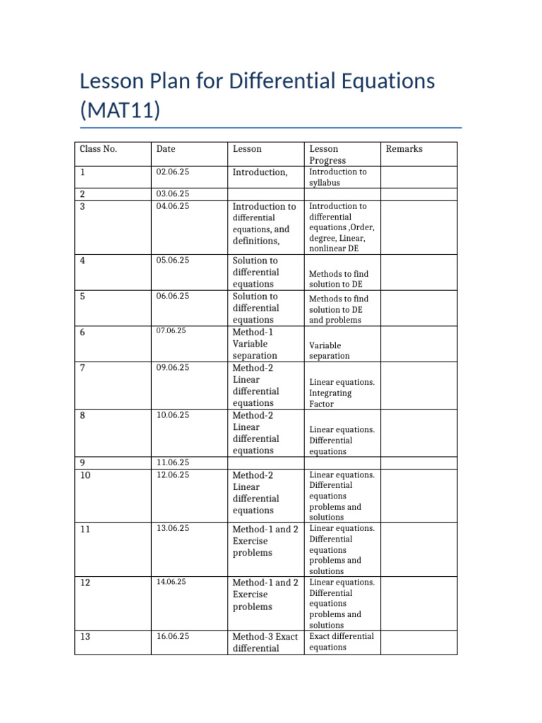 Differential Equations Lesson Plan | PDF | Differential Equations ...