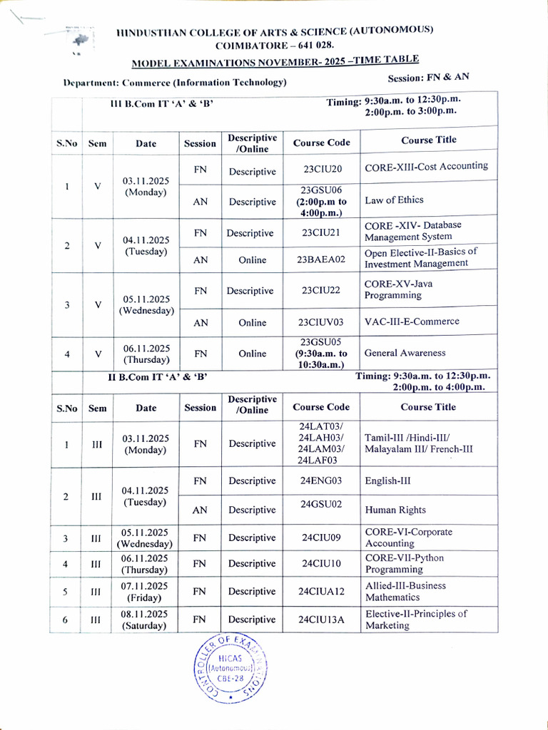 Model Time Table BCom IT | PDF | Business