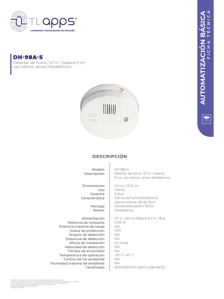 DH-98A-S: Detector de Humo, 127 V - Batería 9 V, Uso Interior, Sensor ...
