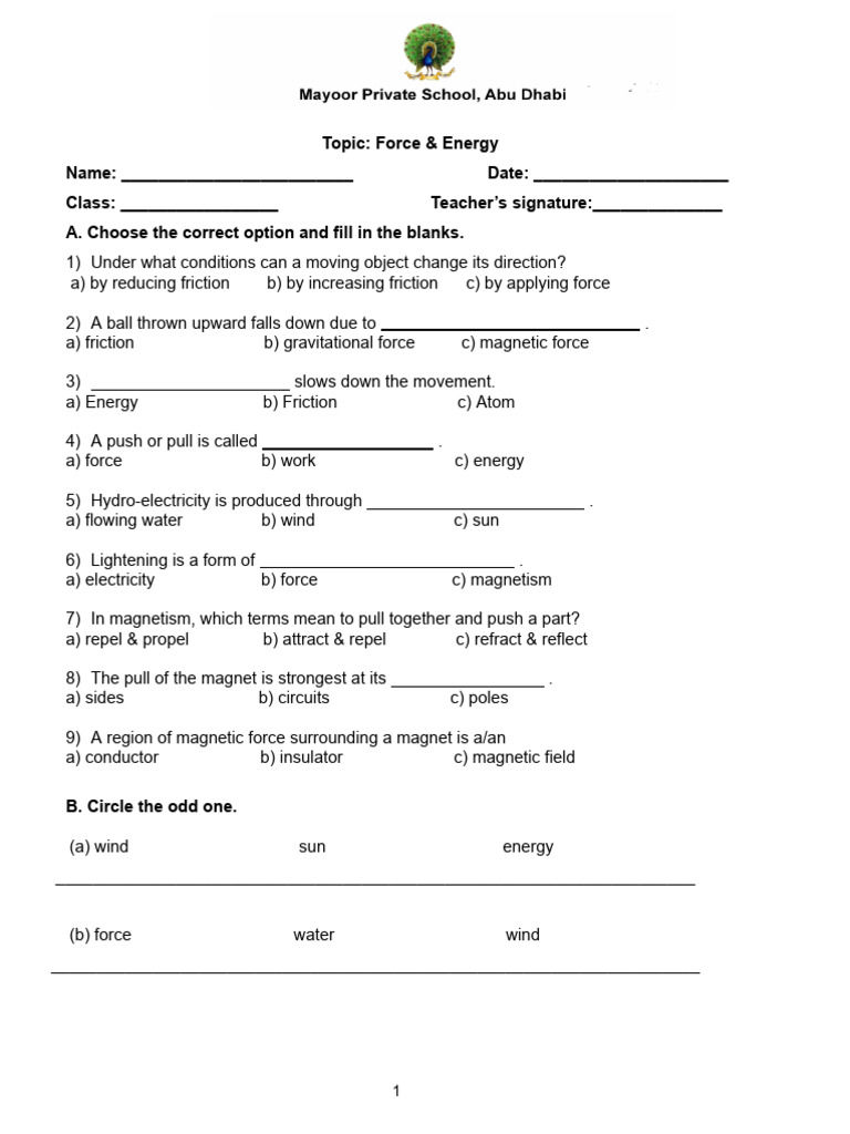 Force & Energy - Worksheet - 2025-26 | PDF | Force | Nature