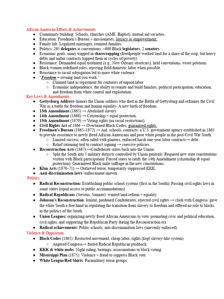 US History Unit One Cheat Sheet | PDF | Reconstruction Era | Freedman