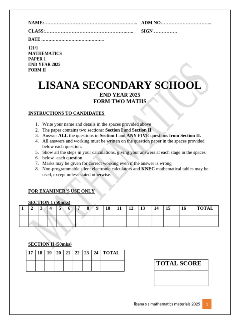 End Year Form 2 Maths | PDF | Area | Mathematics