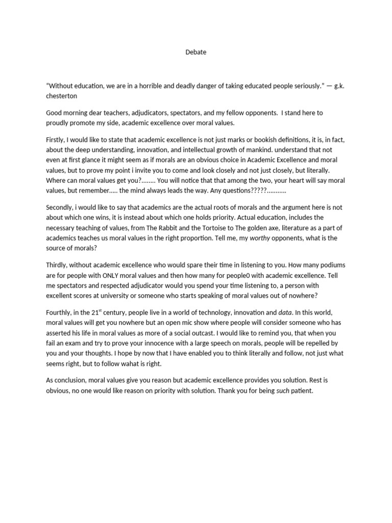 Debate On Academic Excellence vs. Moral Values | PDF