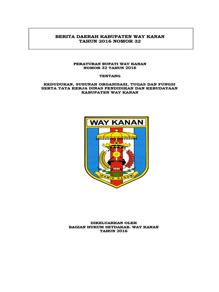 Peraturan Bupati Way Kanan 2016 tentang Dinas Pendidikan | PDF