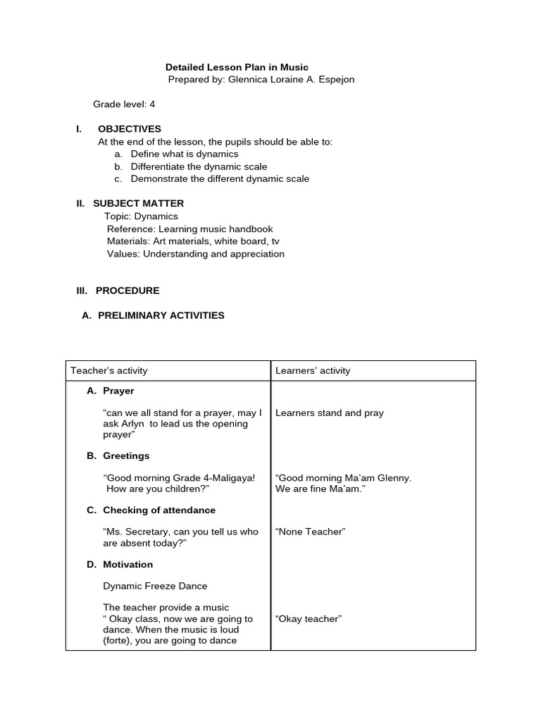 Grade 4 Music Lesson Plan on Dynamics | PDF | Lesson Plan | Teaching