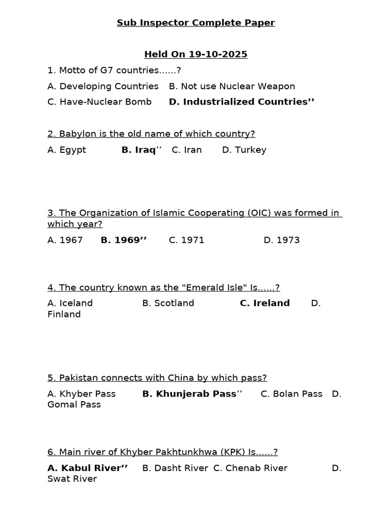 Sub Inspector Exam Paper 2025 | PDF | Microsoft Word | Microsoft Excel