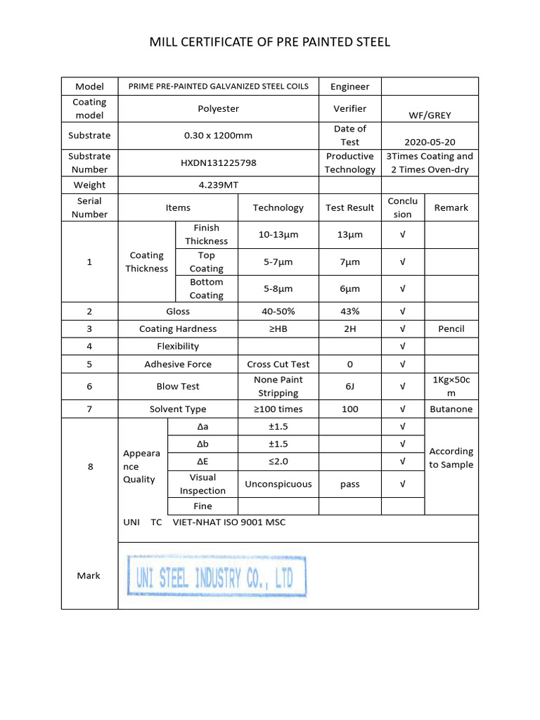 Pre-Painted Steel Mill Certificate | PDF | Metals | Business Process