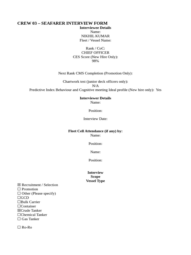 Crew 03 - Seafarer Interview Form CH Off Nikhil | PDF | Oil Tanker ...
