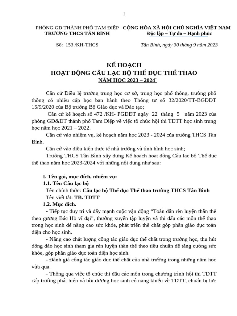 Ke Hoach To Chuc Cau Lac Bo TDTT 125e0 | PDF