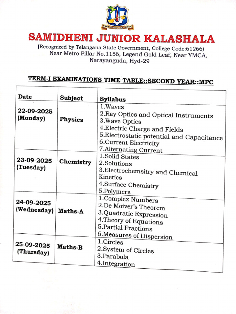 Term-I Examination Time Table-Second Year-MPC | PDF