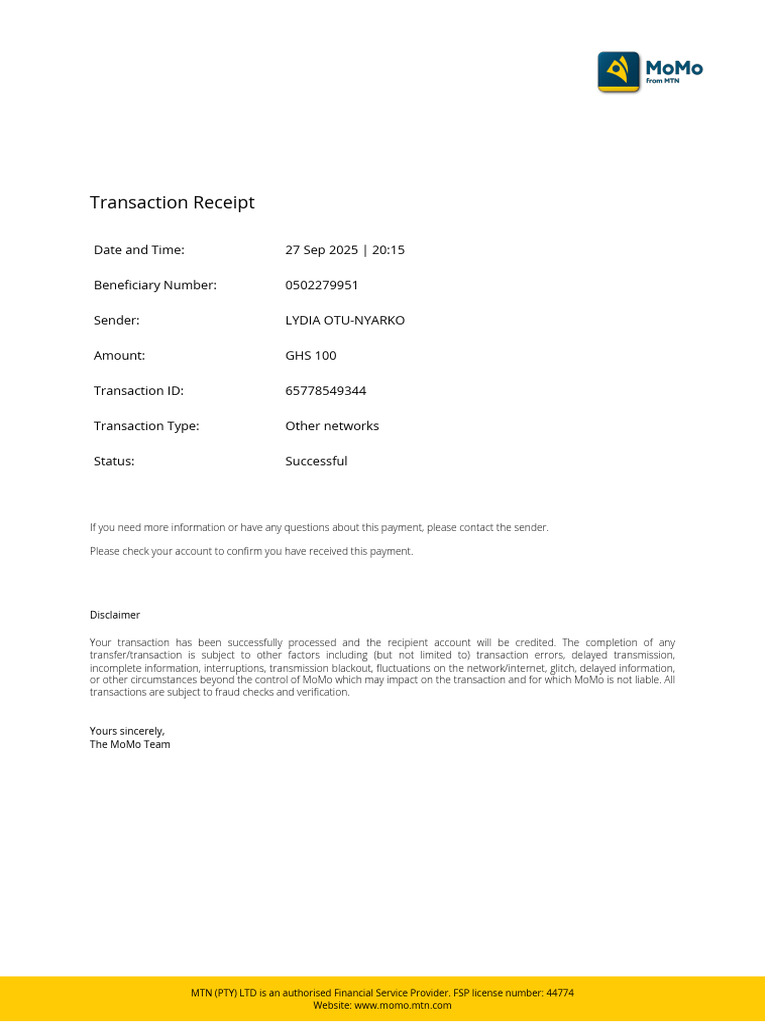 Successful Transaction Receipt - GHS 100 | PDF