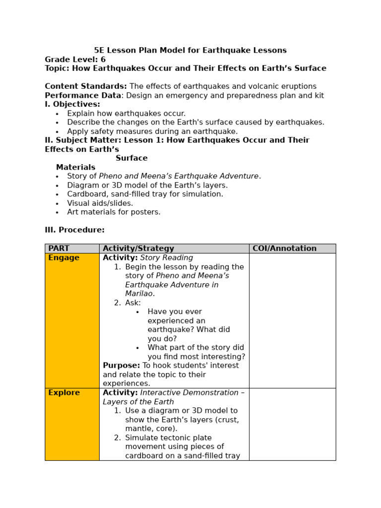 5E Lesson Plan Model For Earthquake Lessons | PDF | Earthquakes | Plate ...